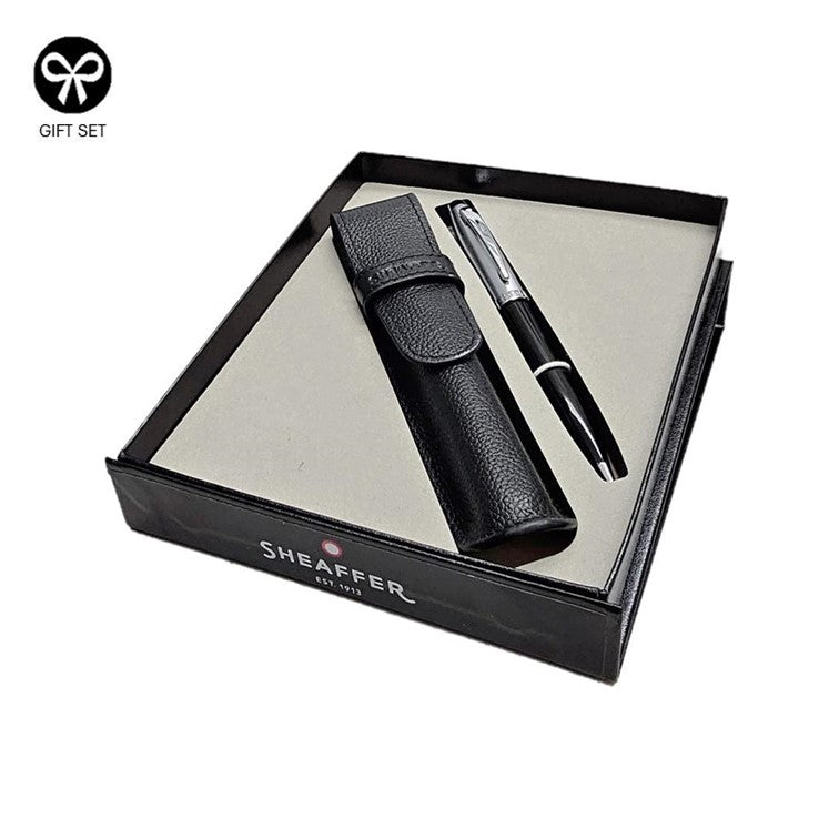 Sheaffer 100 Black Lacquer with Brushed Chrome BP and Leather Pen Pouc